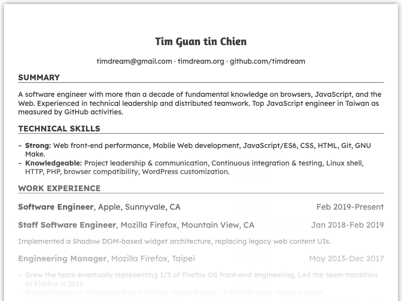 Curriculum Vitæ — Timothy Guan‑tin Chien, @timdream